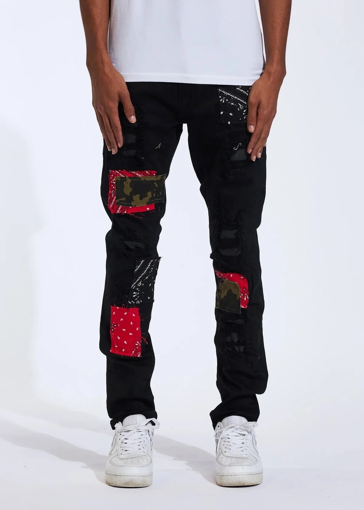 Crysp Denim Men's Harvey Patch Panel Stitching Distressed Rips Skinny ...