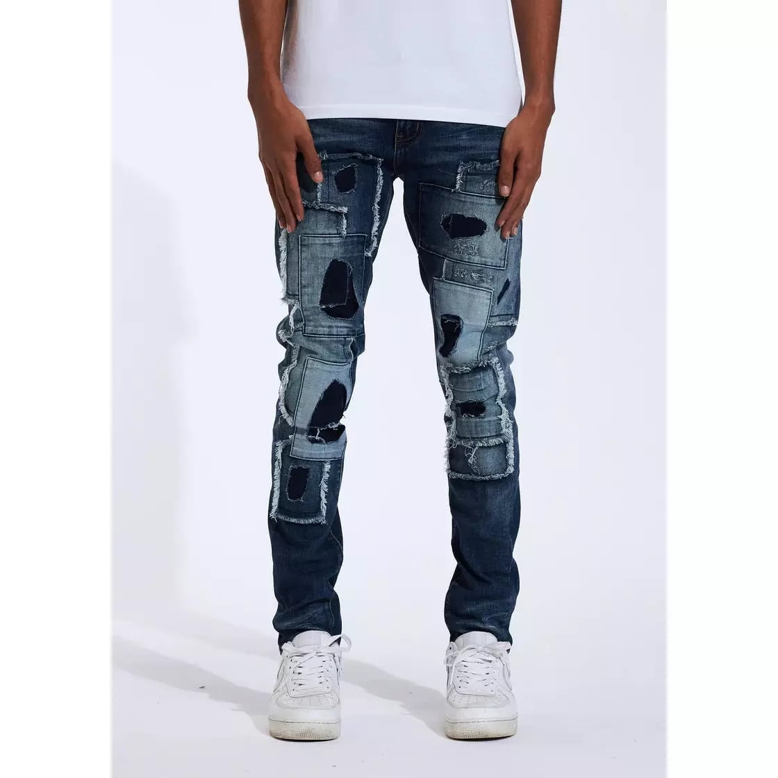 Crysp Denim Men's Kar Patch Panel Stitching Distressed Rips Skinny Fit ...