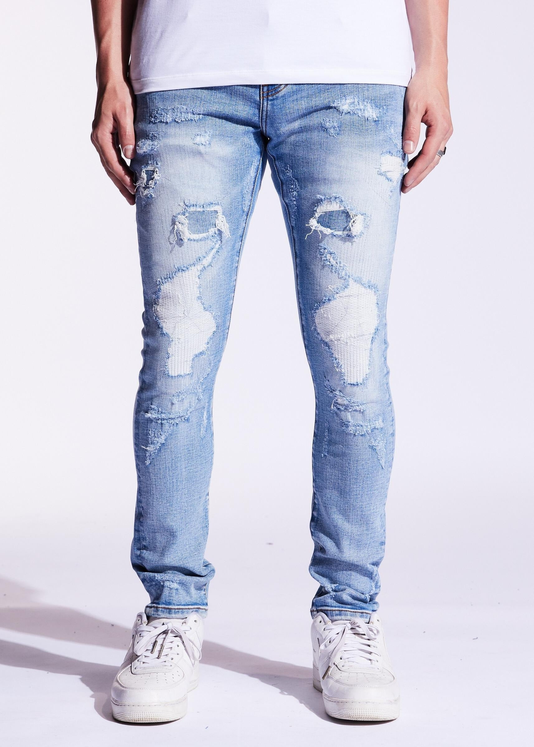 Crysp Denim Men's Light Wash Distressed Rip & Repair Skinny Fit Stretch ...