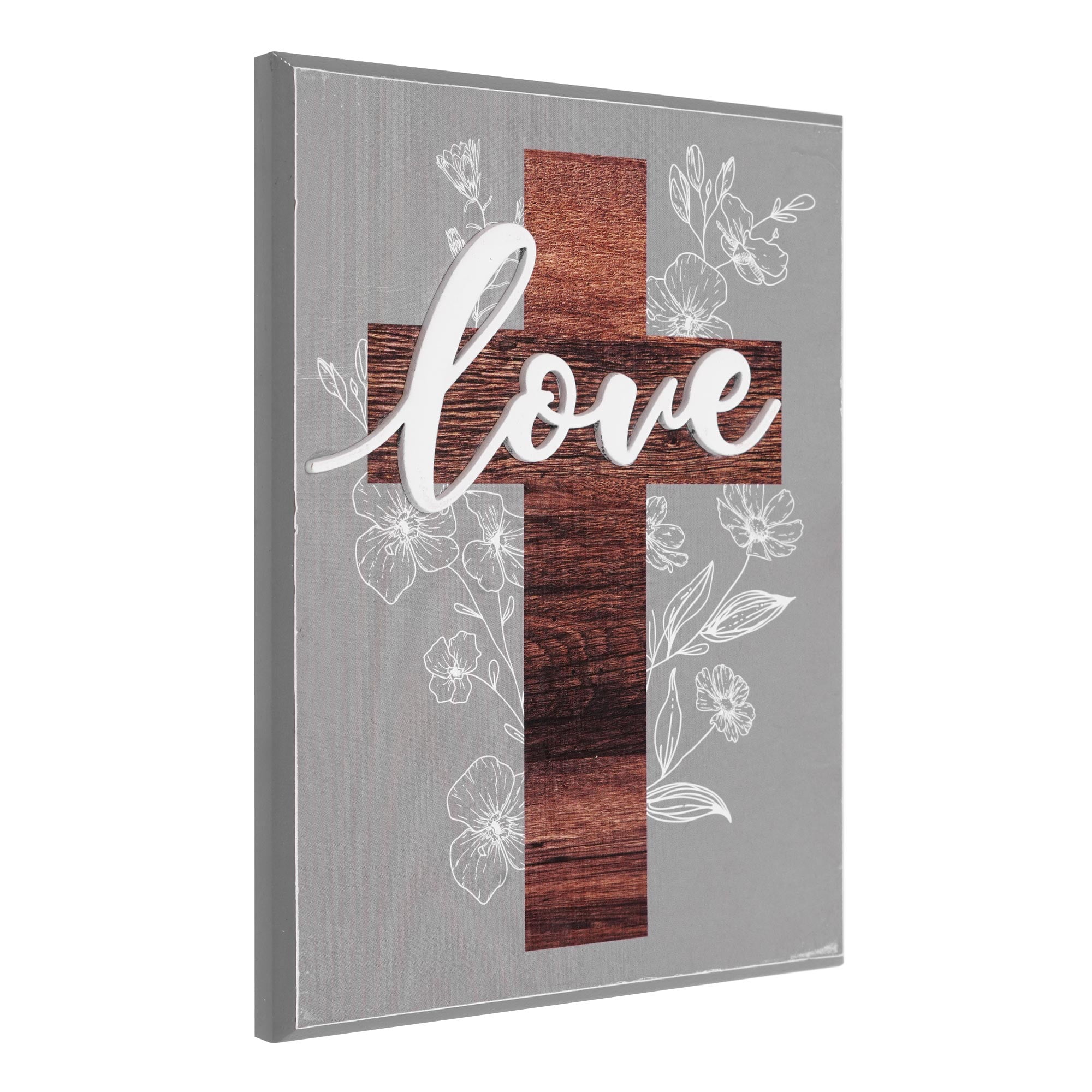 Crystal Art Gallery Love Cross and Florals Typographic Wood Wall Plaque ...