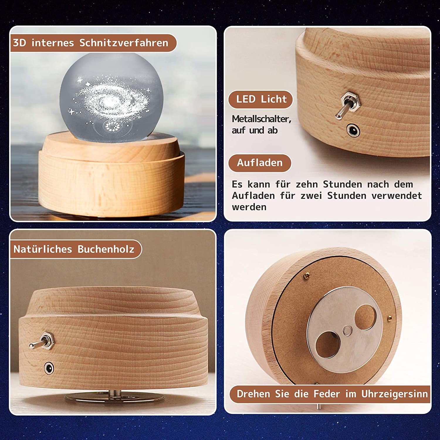Crystal Ball Music Box, 360° Rotating Wooden Base, Night Light with ...