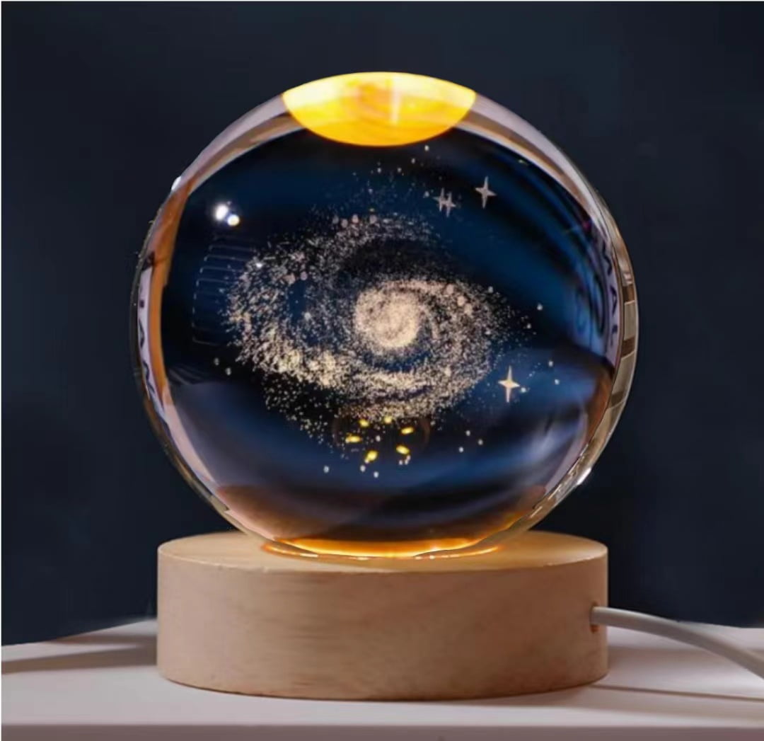 Crystal Ball Night Light, 3.15In(80mm) Wooden Base, 3D Starry Sky ...