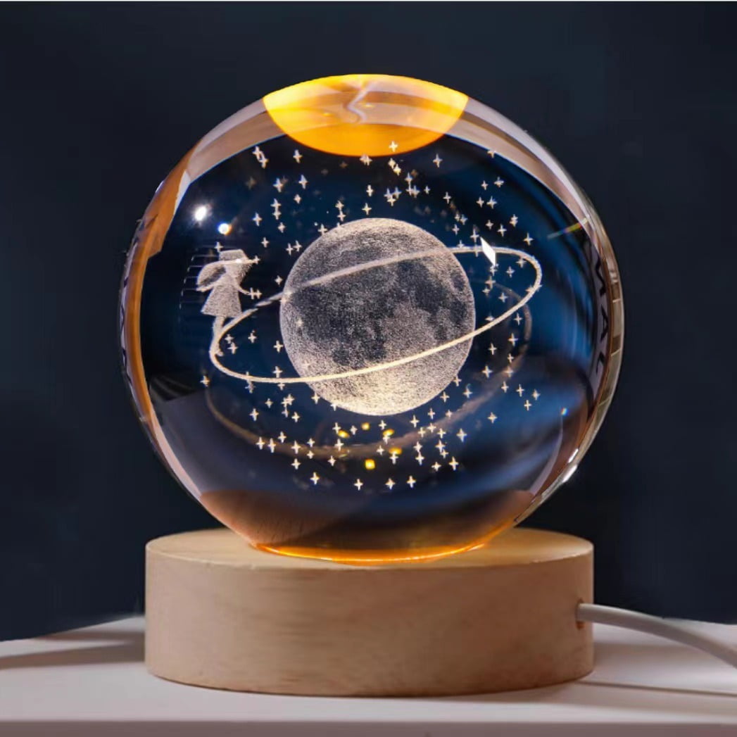 Crystal Ball Night Light, 3.15In(80mm) Wooden Base, 3D Starry Sky ...