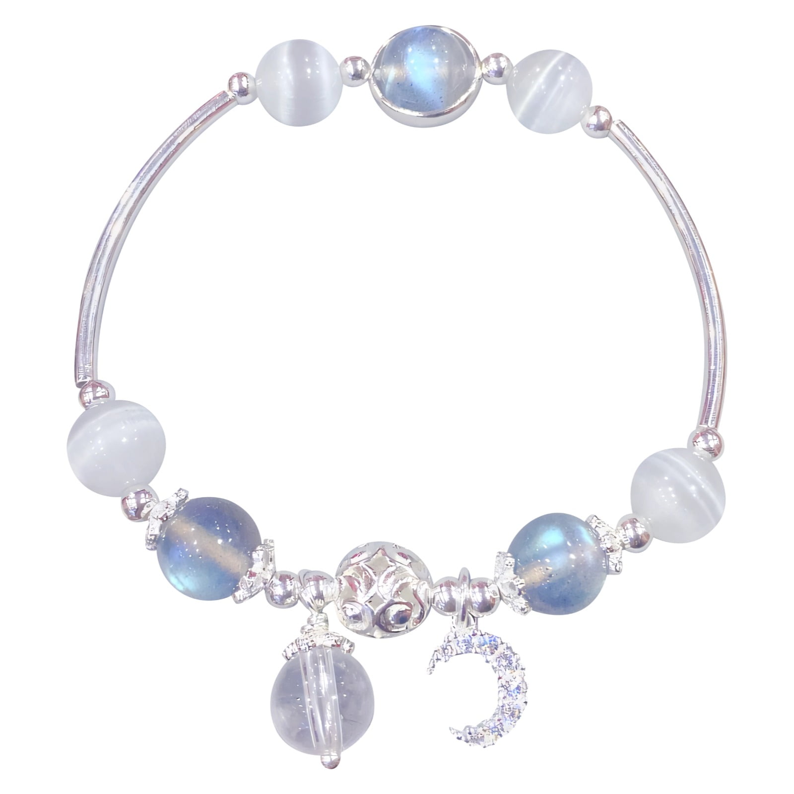 Crystal Beaded Bracelet with Moon Charm, Natural Grey Moonstone Cat Eye ...