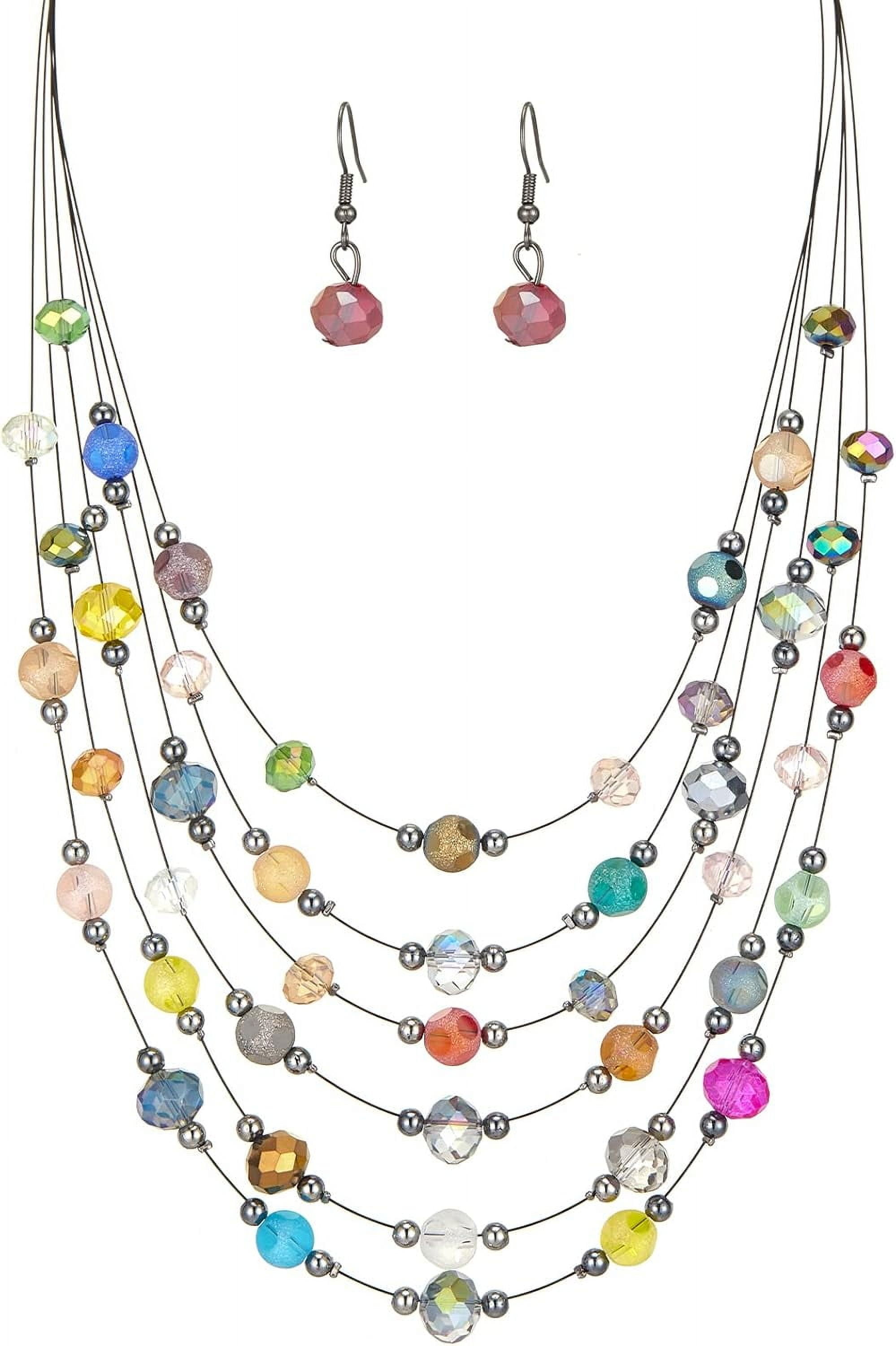 Crystal Beaded Statement Necklace for Women Boho Colorful Multi-Strand ...