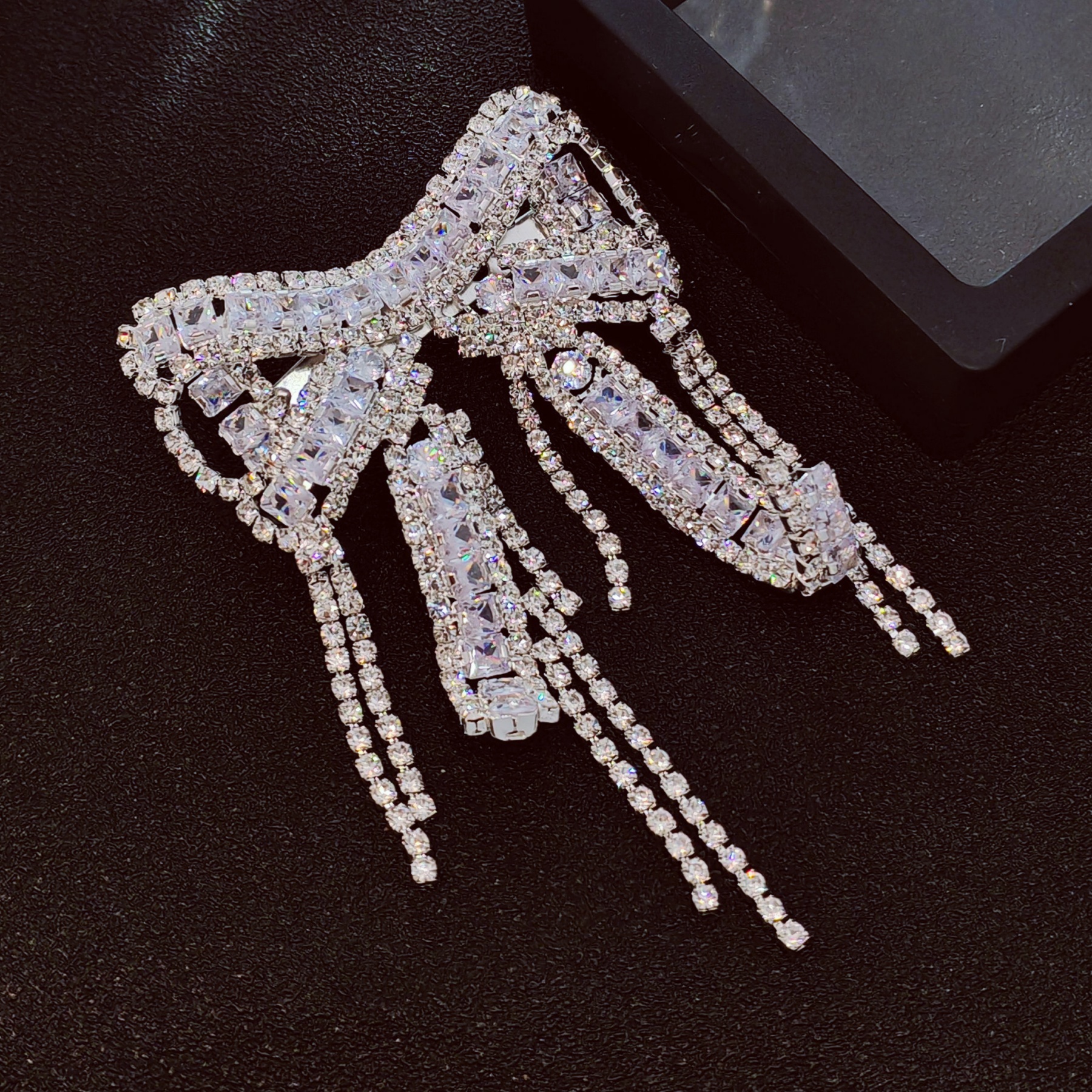 Crystal Bow Brooch Pin with Dangling Chains, Silver-Tone, CZ&Rhinestone ...
