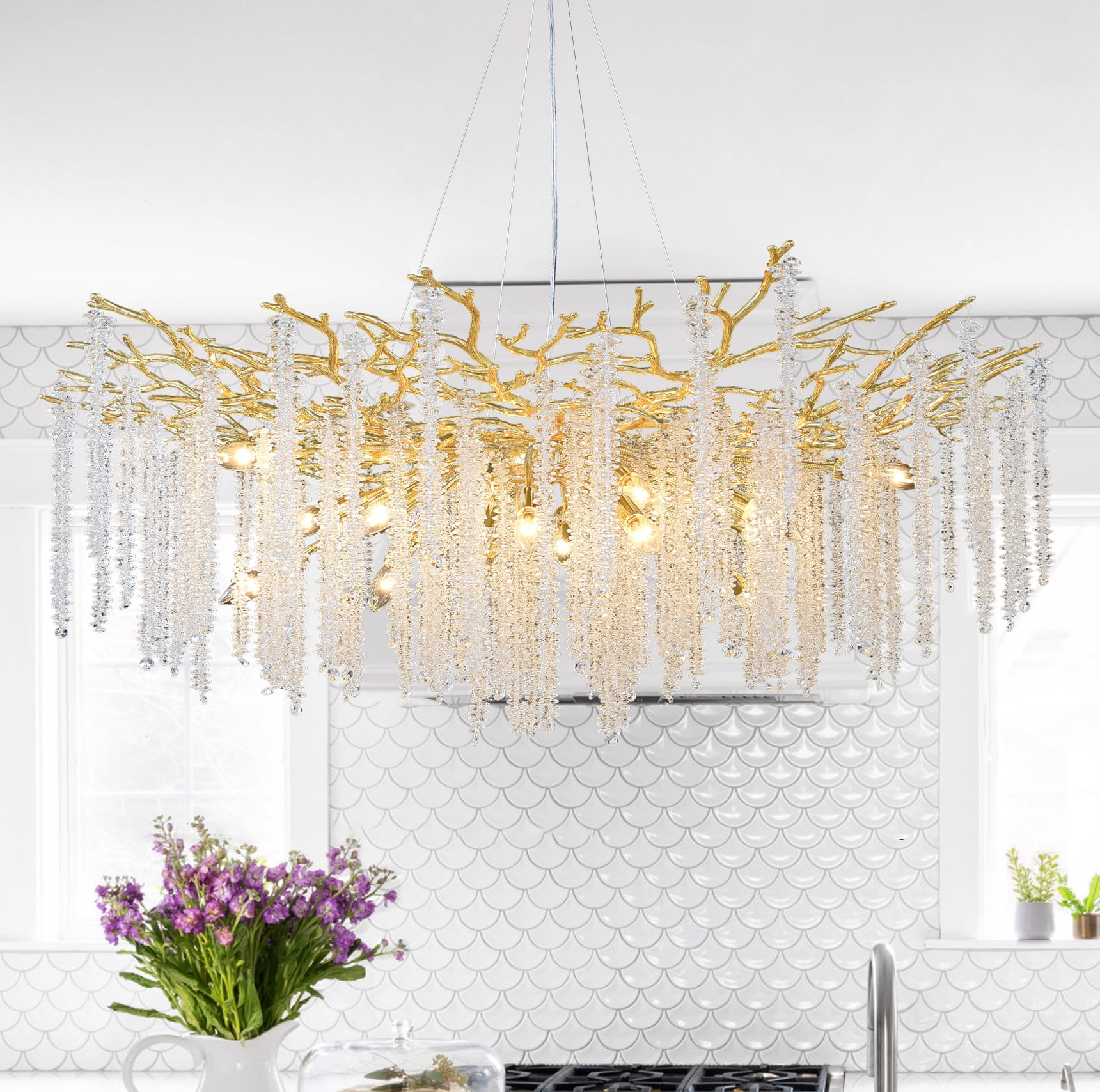Crystal Branch Chandelier - Gold Tree Design with K9 Crystals, Adjustable Height (12"-77") for ...