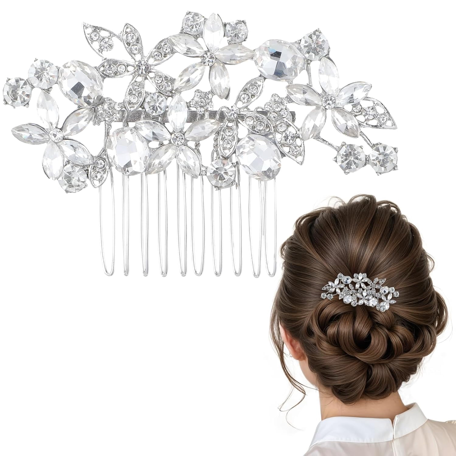 Crystal Bride Wedding Hair Comb, Elegant Silver Flower Rhinestone ...