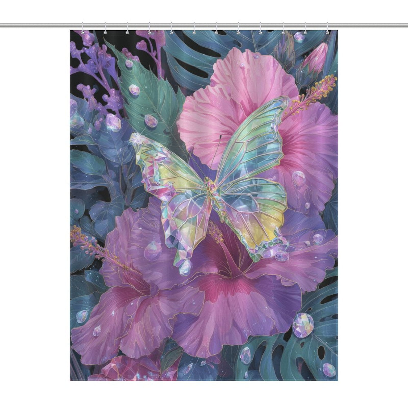 Crystal Butterfly Hibiscus Floral Artwork Shower Curtain , Enchanted Forest Scenic Bathroom ...
