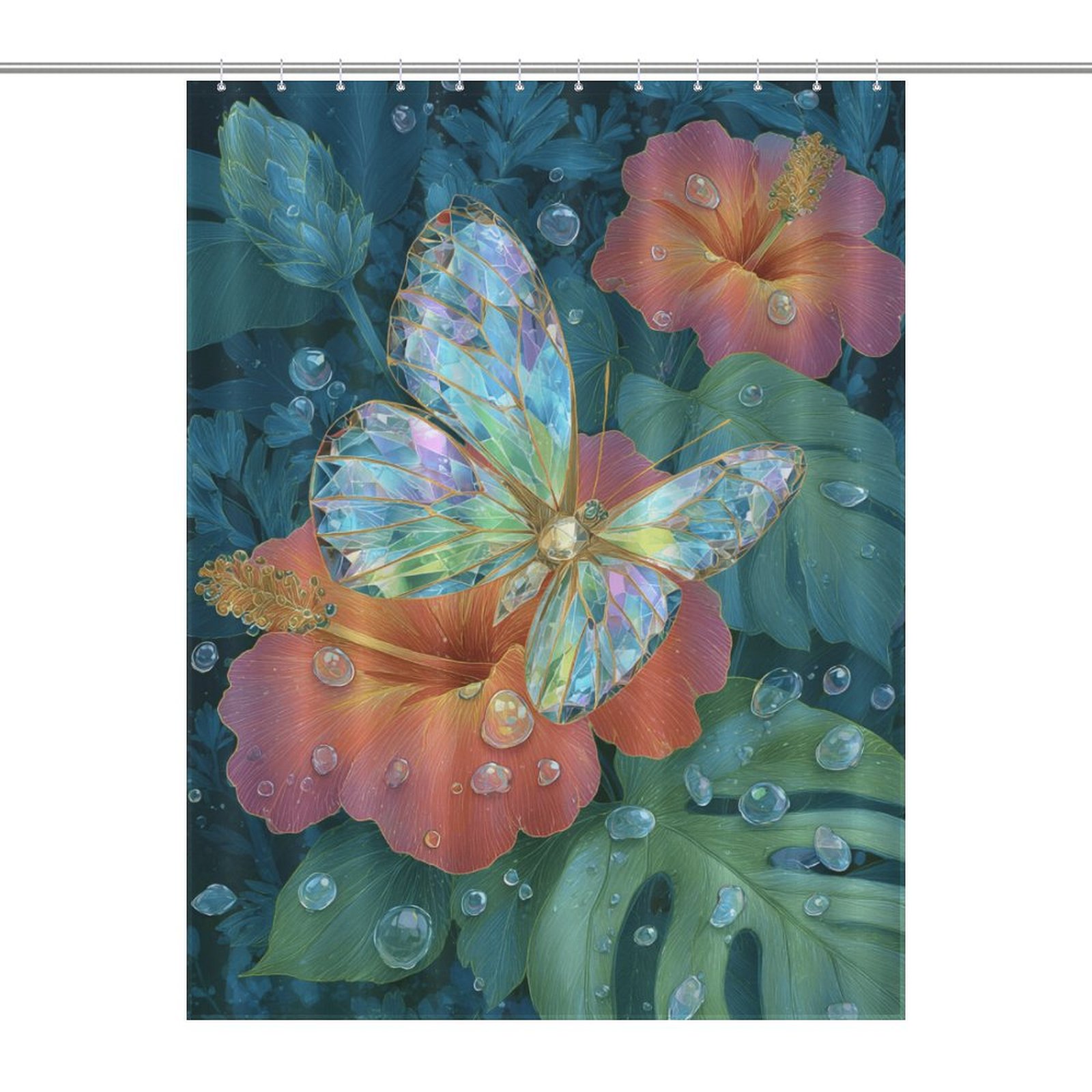 Crystal Butterfly Hibiscus Flower Water Drops Cloth Fabric Bathroom ...