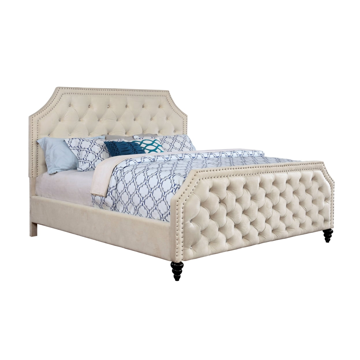 Crystal Button Tufted Wooden Full Bed with Corner Cut Board Design ...