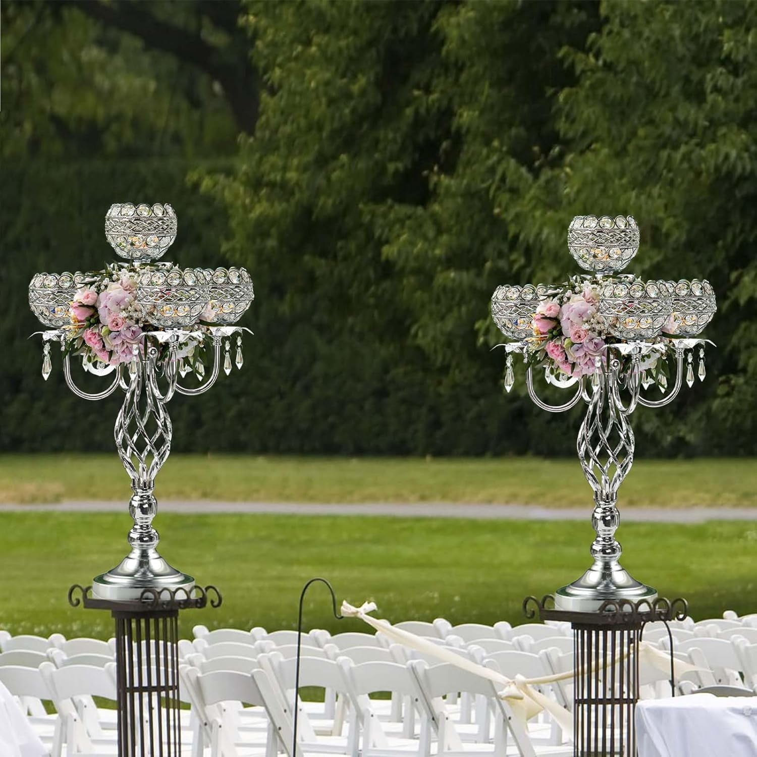 Crystal Candelabra Centerpiece, 5-Light Gold Metal Stand with Hanging ...