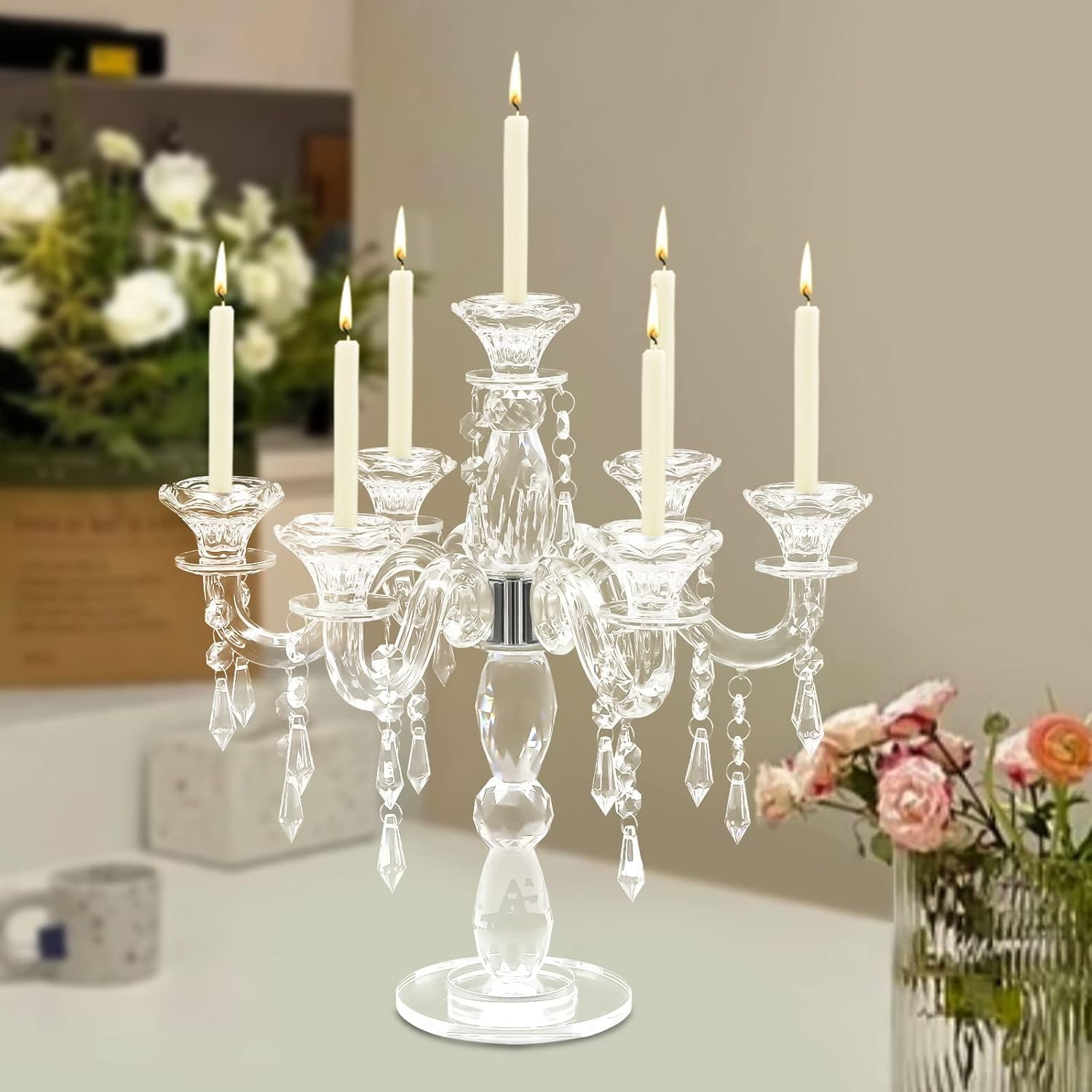 Crystal Candle Holder, 7-Arm 14 Inch Crystal Taper Candlestick ...