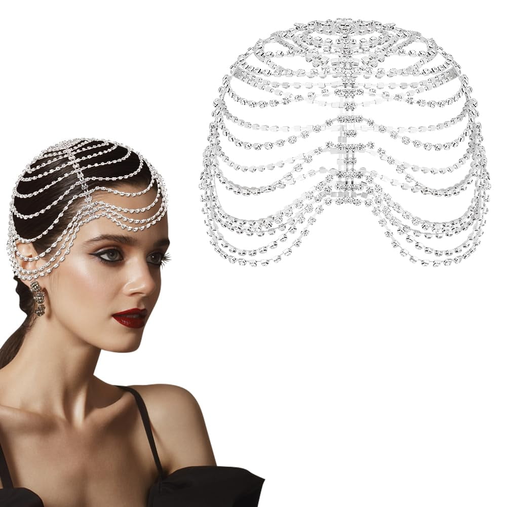 Crystal Cap Headpiece 1920s Flapper Head Chain Rhinestone Mesh ...