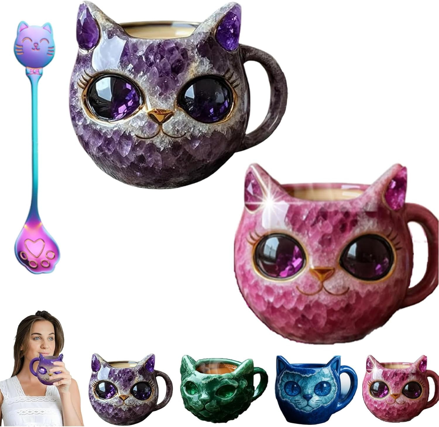 Crystal Cat Face Mug, Cute Mineral Crystal Cat Coffee Mug, Handmade ...