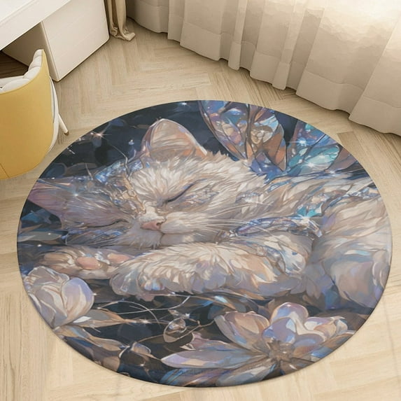 Crystal Cat Floral Medallion Round Rug - Small Round Area Rug, Soft Non ...