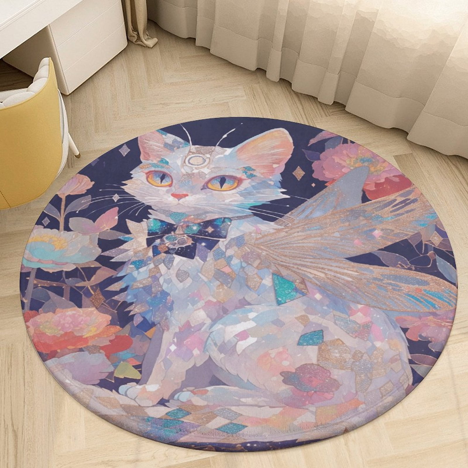 Crystal Cat Floral Medallion Round Rug - Small Round Area Rug, Soft Non ...