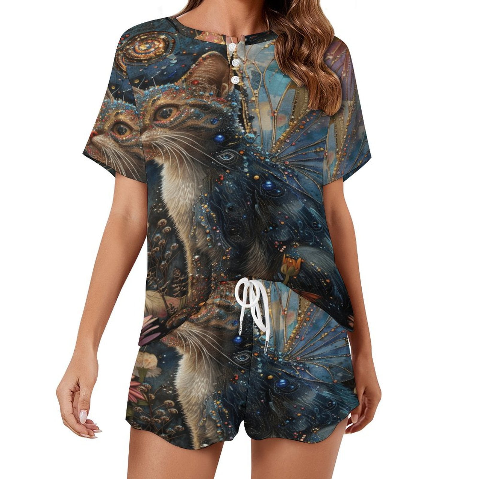 Crystal Cat Pajama Set for Women 2 Piece Sleepwear Loungewear Short ...