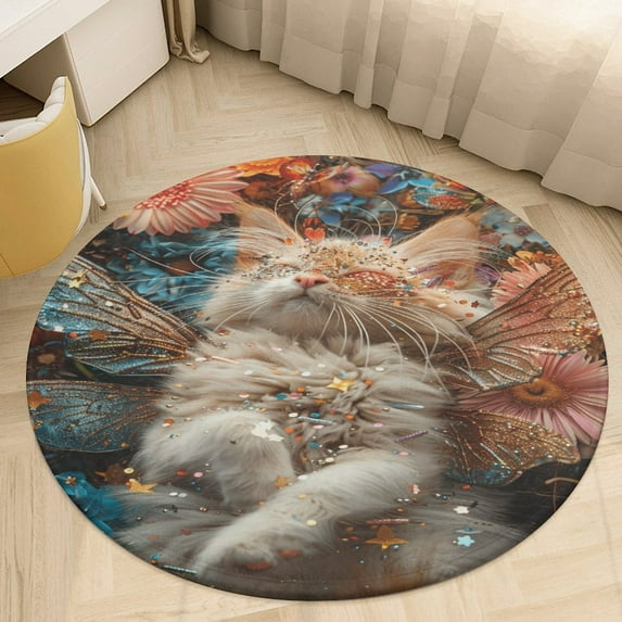 Crystal Cat Round Small Area Rug, Print Non Slip Washable Floor Mat ...