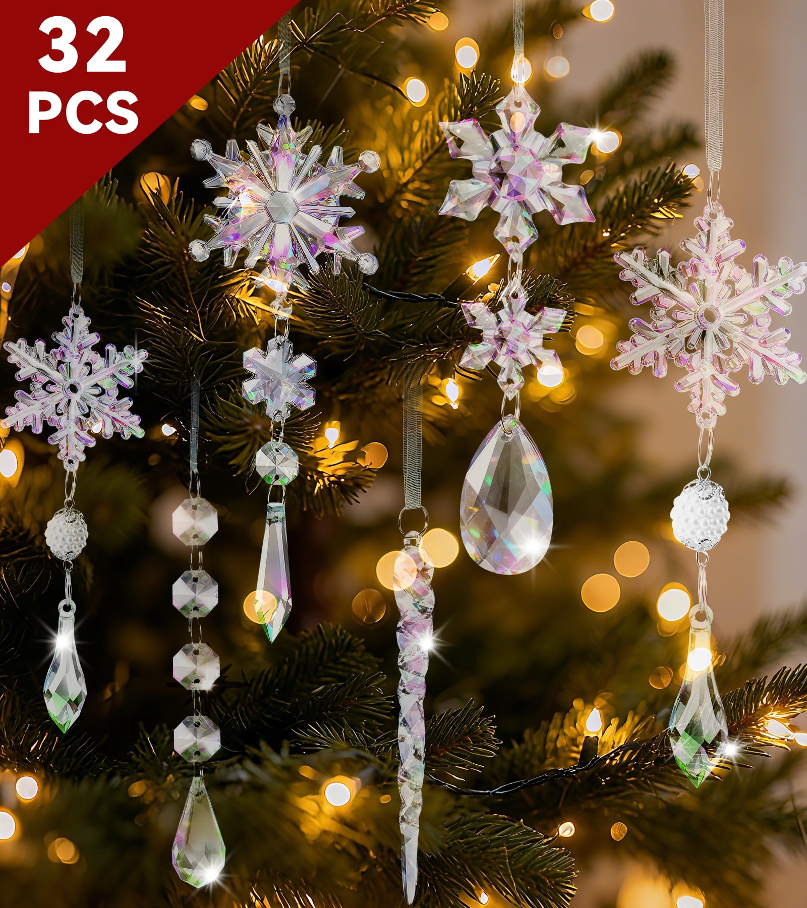 Inadays 32pcs Crystal Christmas Ornaments Set - Iridescent Acrylic ...