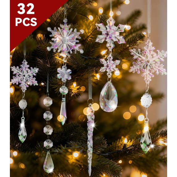 Inadays 32pcs Crystal Christmas Ornaments Set - Iridescent Acrylic ...
