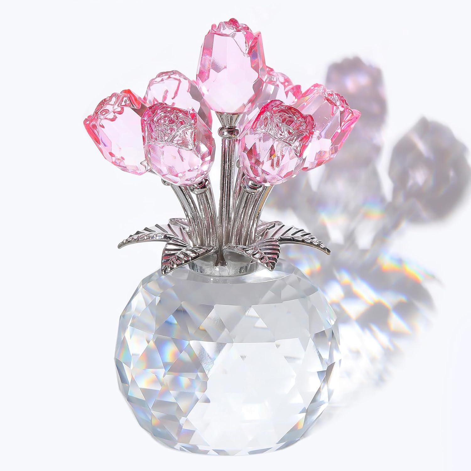 Crystal Colorful Rose Bouquet Figurine with Round Vase – Glass Rose ...
