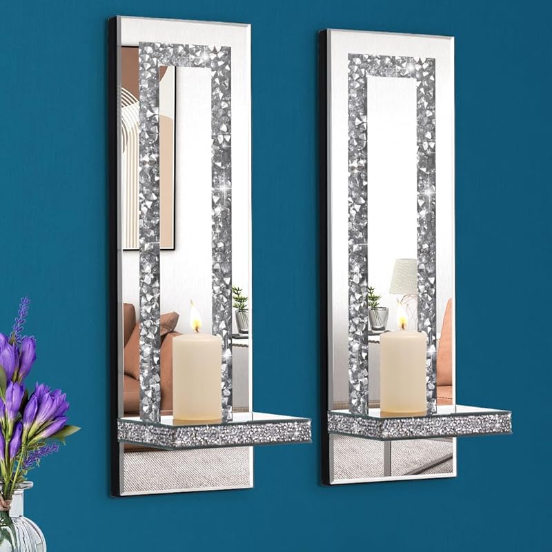 Crystal Crush Diamond Mirrored Candle Sconces, Silver Wall Candle ...