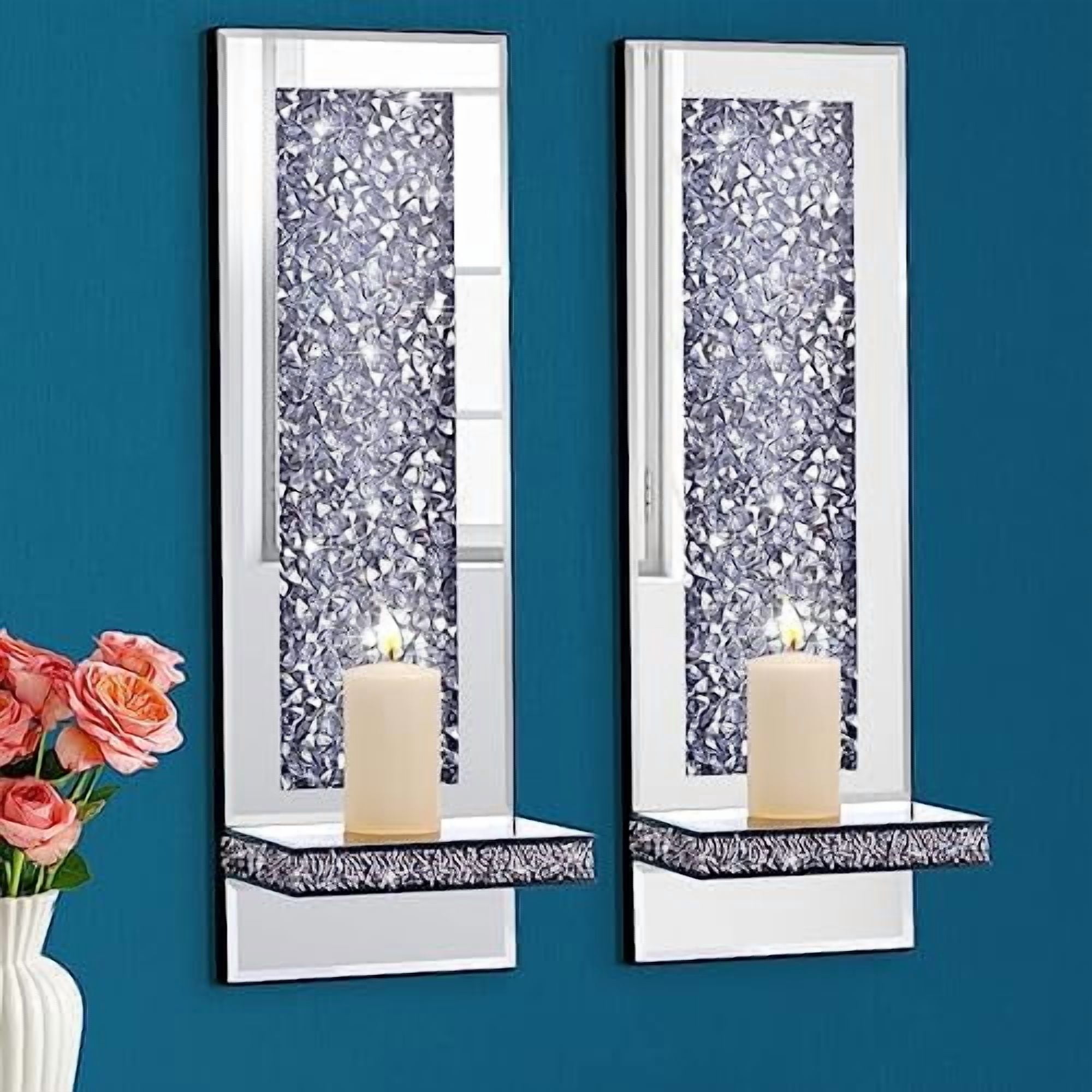 Crystal Crush Diamond Mirrored Candle Sconces, Silver Wall Candle ...
