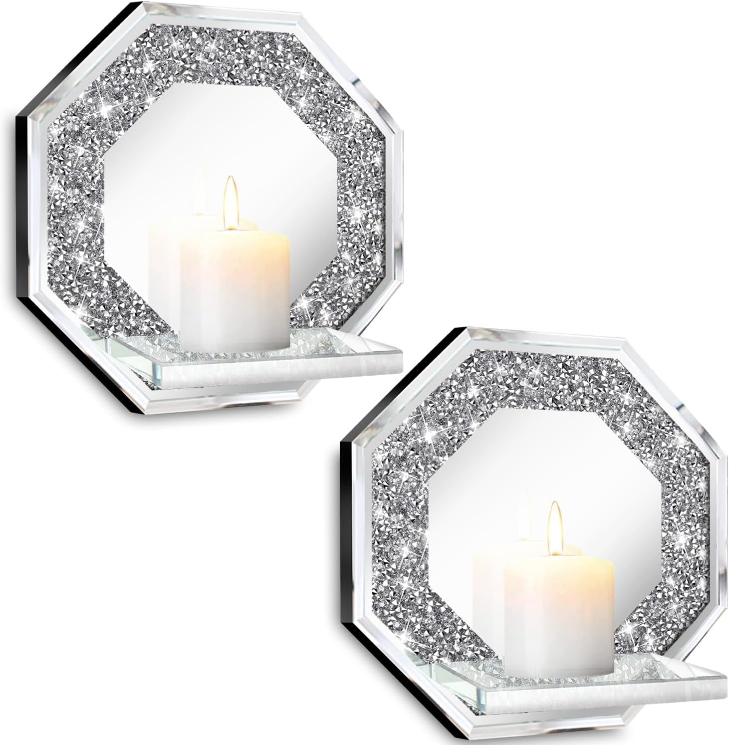 Crystal Crush Diamond Wall Candle Holder Set of 2, Octagon Silver ...