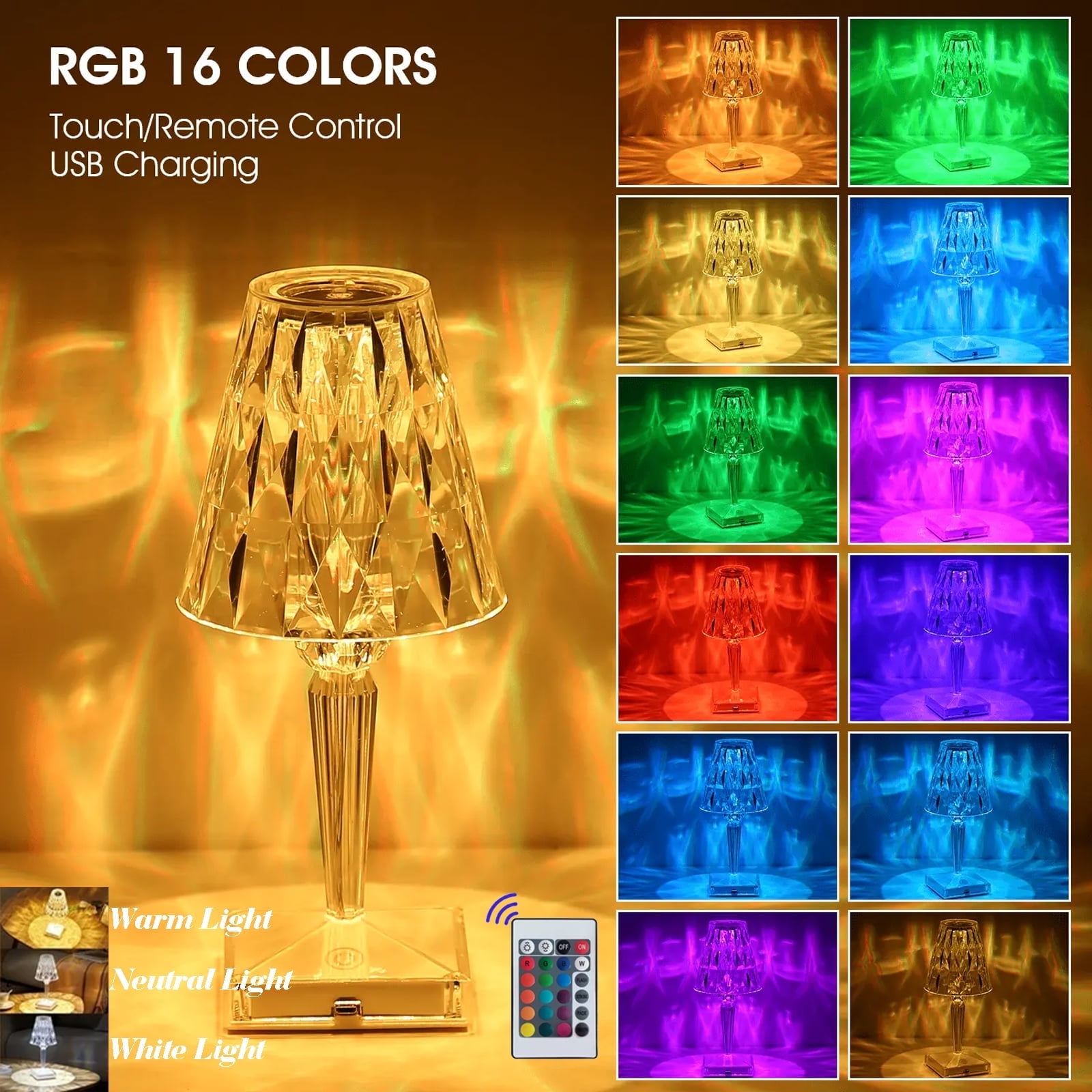 Crystal Diamond Table Lamp 16 Color Changing Light RGB Touch & Remote ...