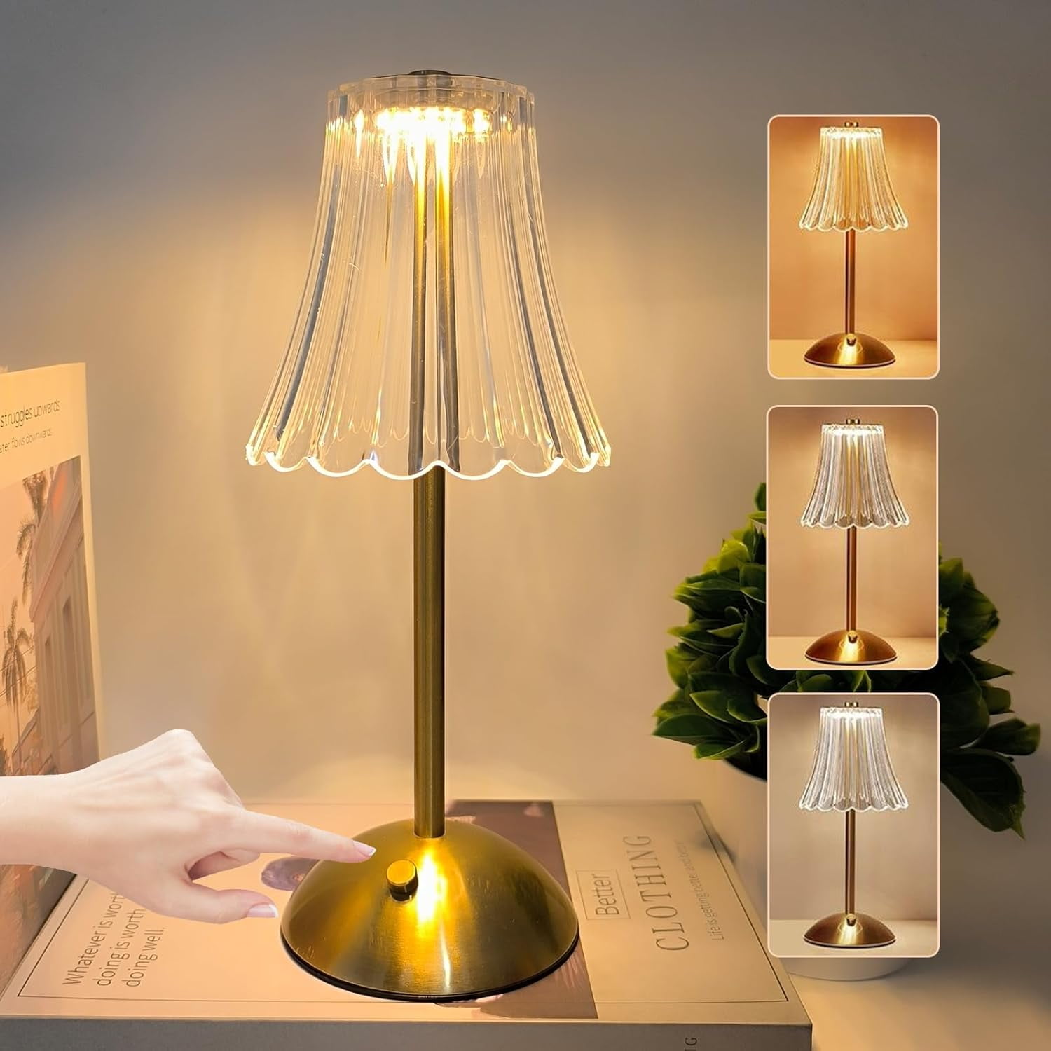 Crystal Dimmable Table Lamp, 3 Colors - Portable LED, Rechargeable ...