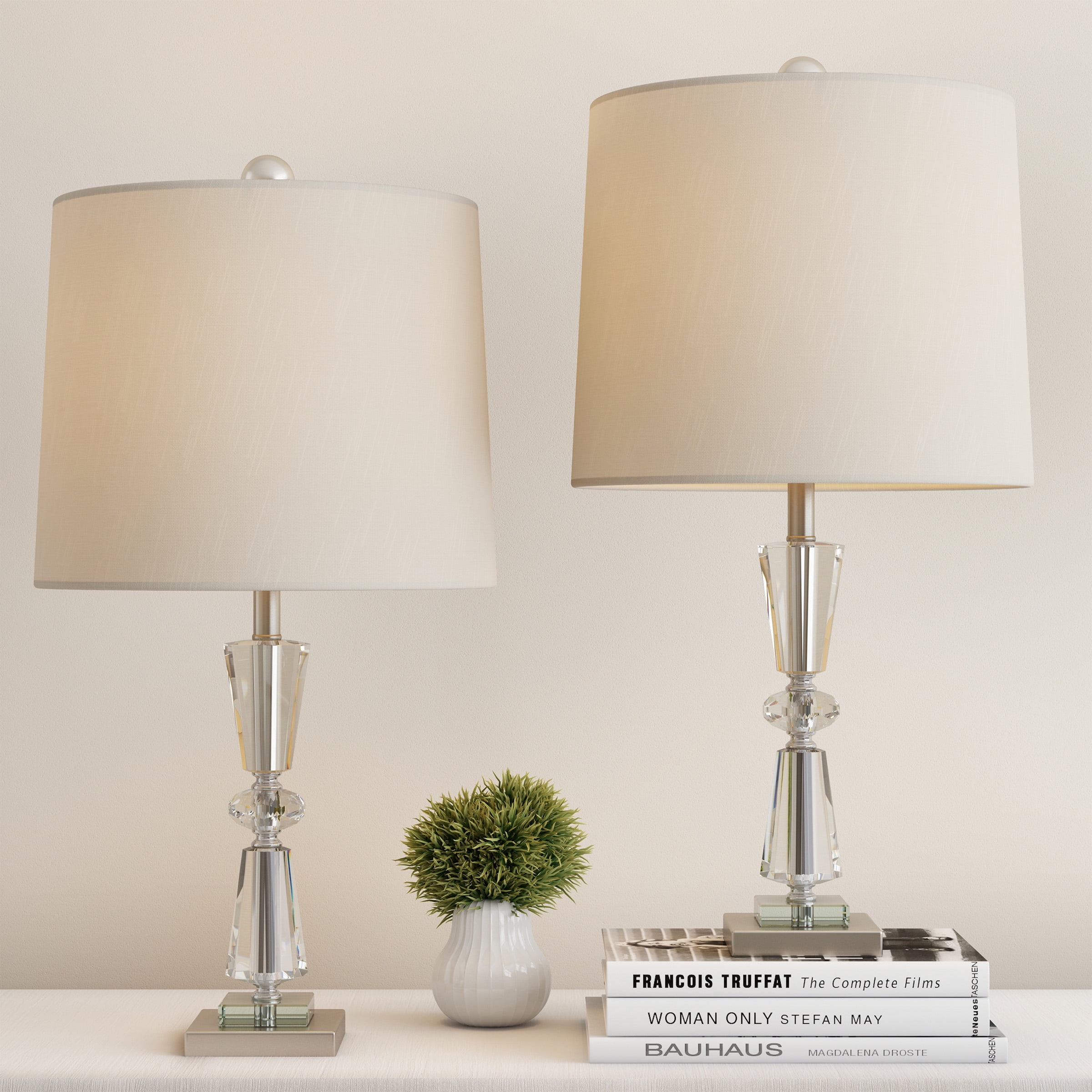 Crystal Double Tiered Lamps with Shades-Set of 2 Faceted Brushed Silver ...