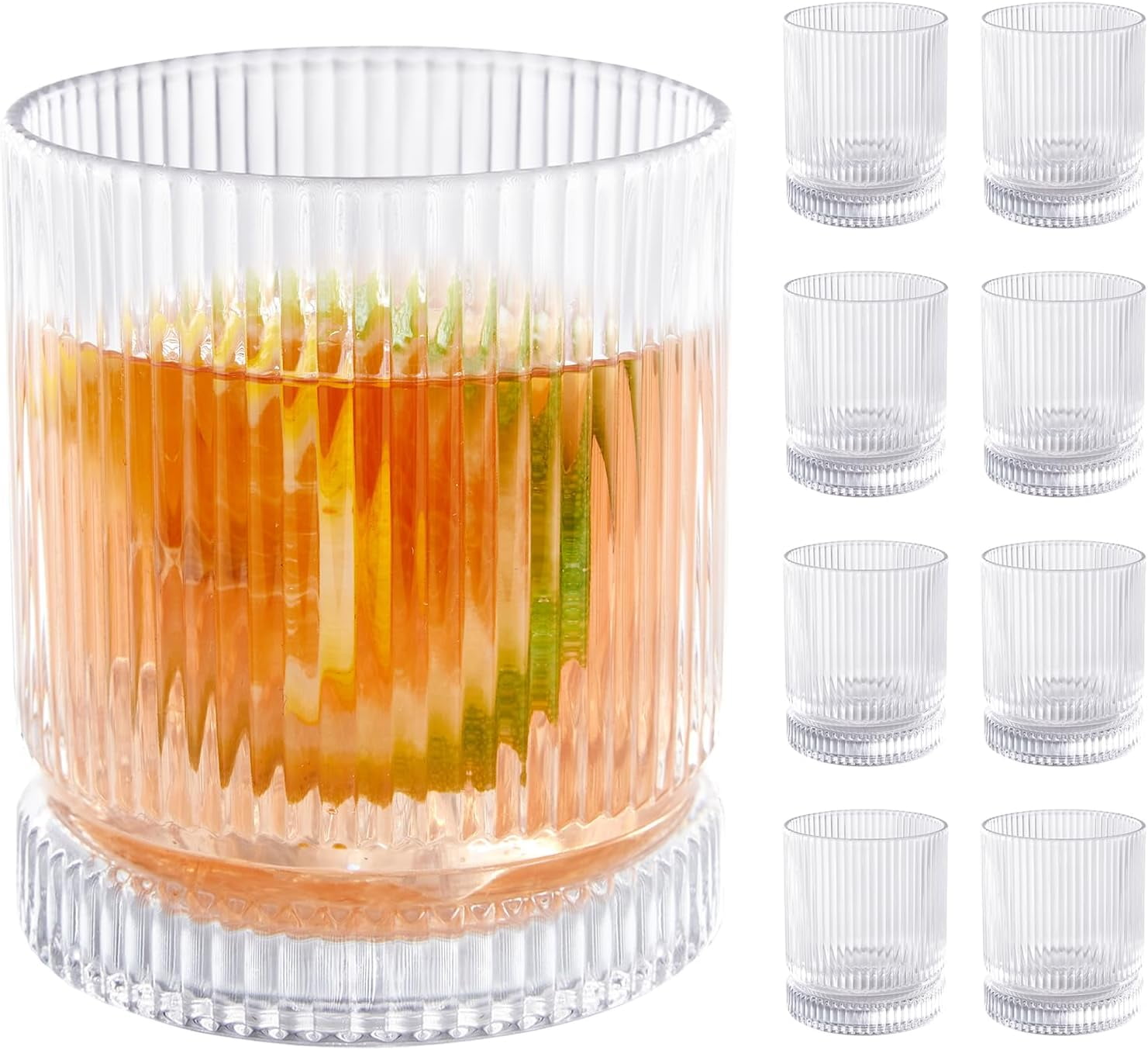Crystal Drinking Glasses Set of 8, 12oz Modern Aesthetic Ribbed Glass ...