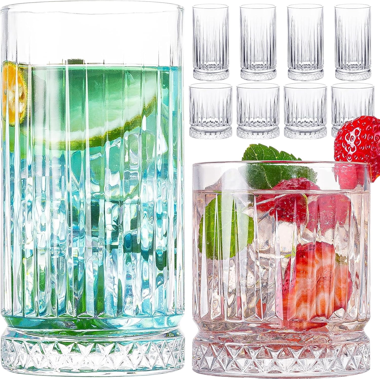Crystal Drinking Glasses, Set of 8 Durable Glass Cups-4 Highball ...