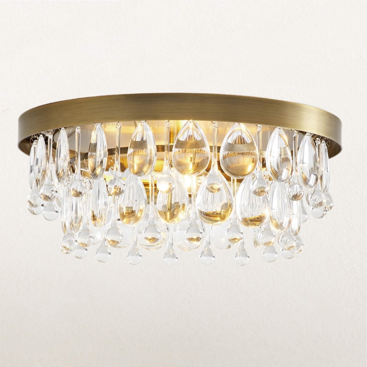 Mordern Antique Brass Semi Flush Mount, 15 Inch Crystal Droplets Flush ...