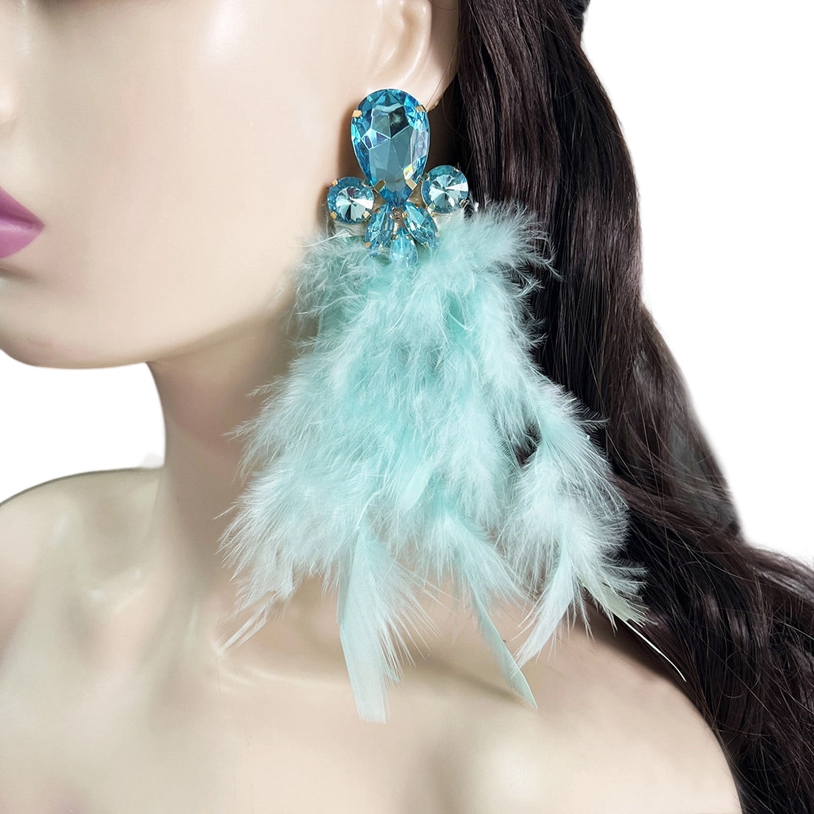 Crystal Feathered Drop Ear Jewelry Handmade Extra Long Dangle Earrings ...
