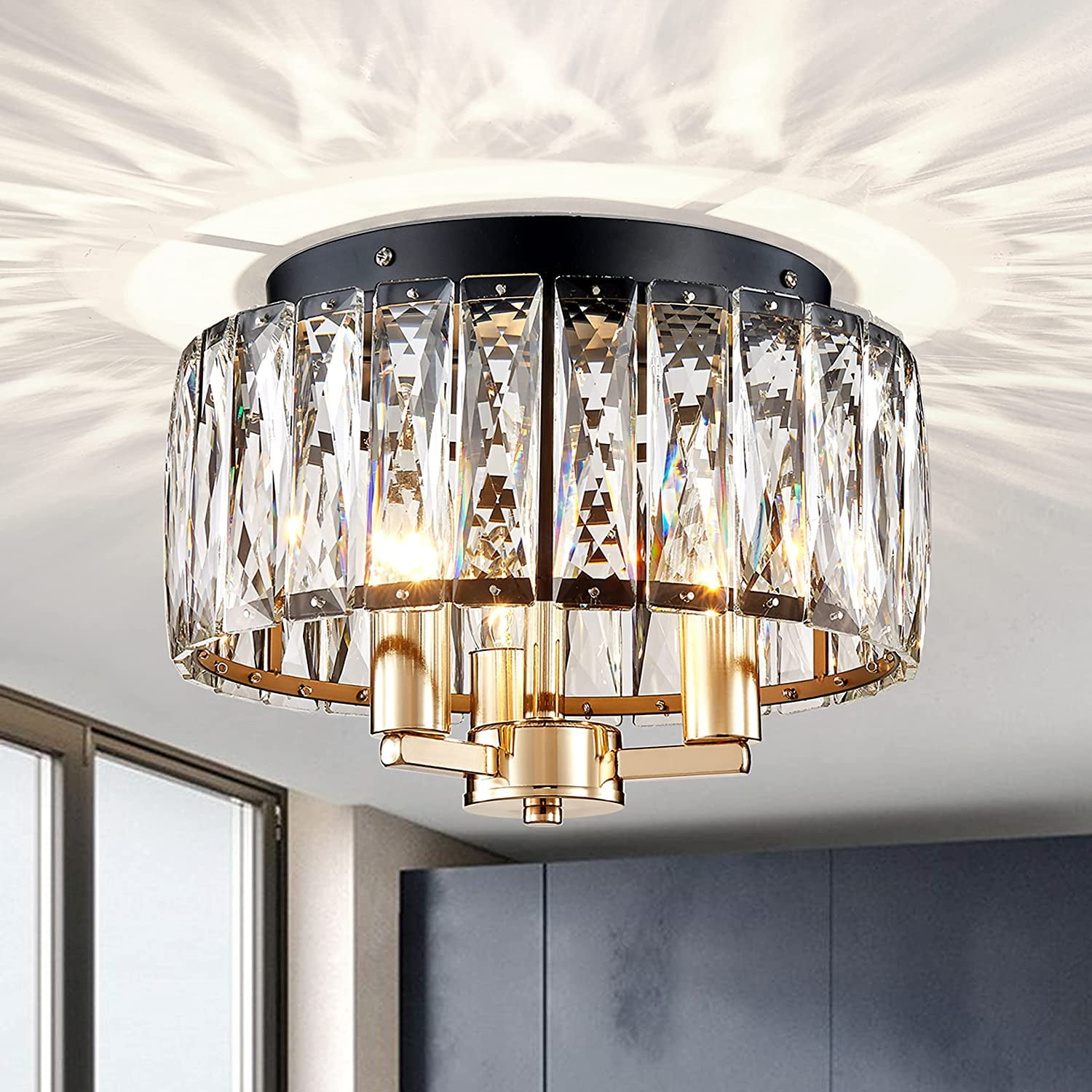 Crystal Flush Mount Ceiling Light Fixture, E12 Base 3-Lights, D13 x H15 ...