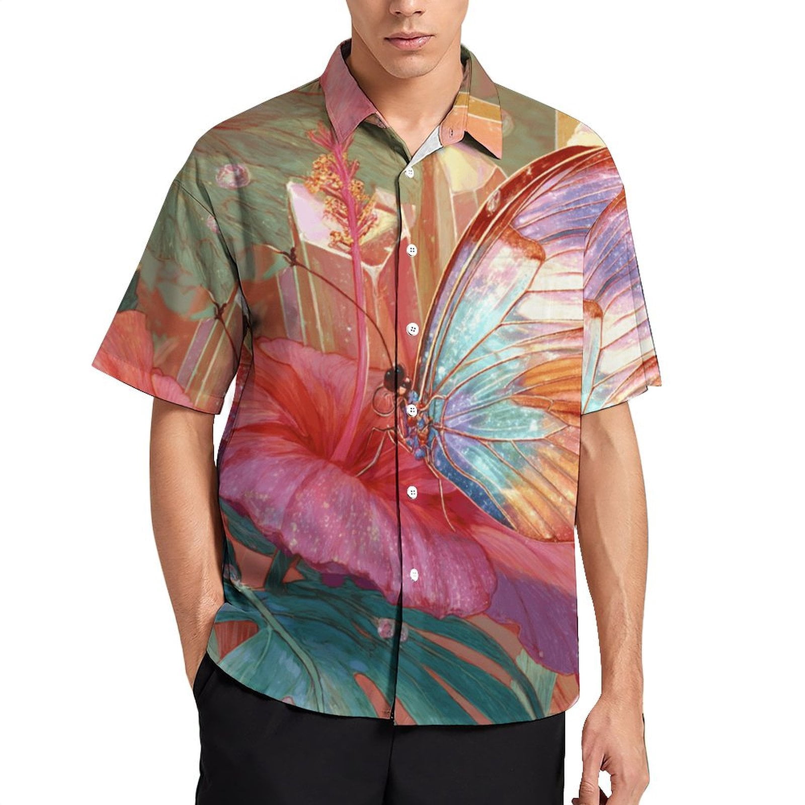 Crystal Garden Iridescent Butterfly Hibiscus Flower Men's Shirt Short ...
