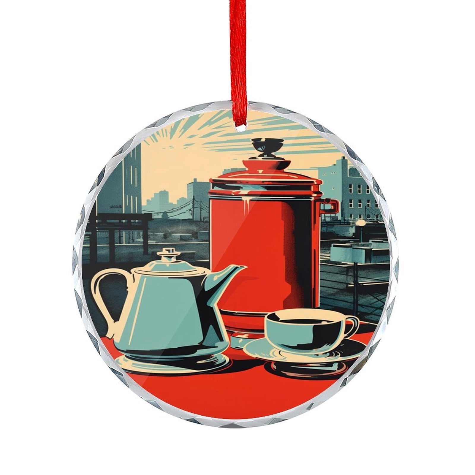 Crystal Glass Christmas Ornament Vintage Coffee Pot And Cup Glass Round ...