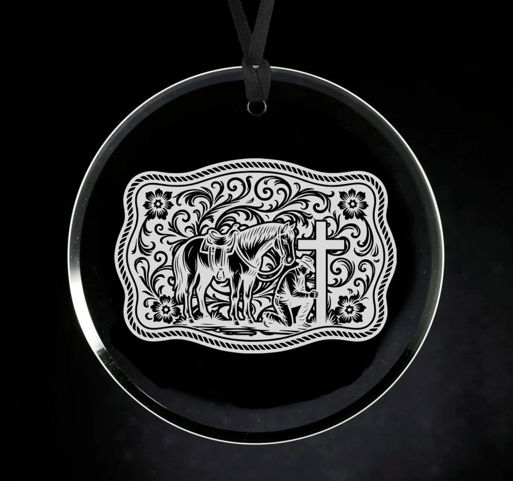 Crystal Glass Circle Ornament Keepsake Gift Cowboy at Cross Belt Buckle ...