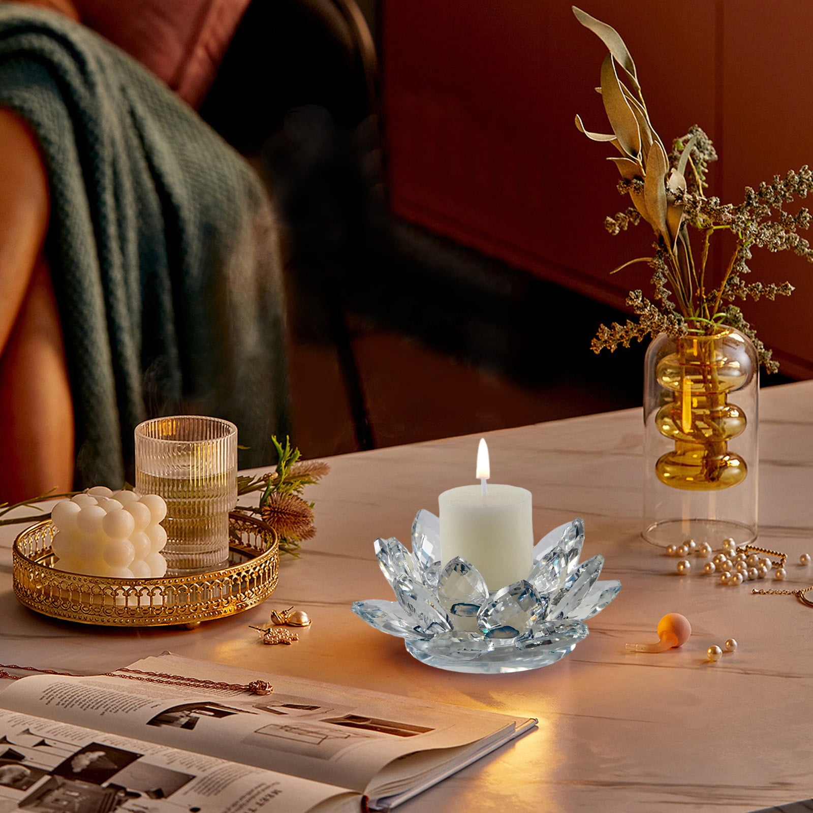 Crystal Glass Lotus Tealight Candle Holder, Flower Shape Wedding Party ...