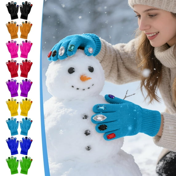Crystal Glass Winter Knit Gloves for Women | Full Finger Warm Mittens ...