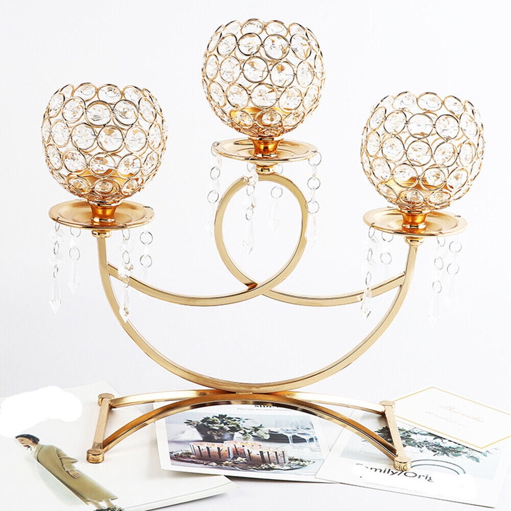 Crystal Gold Candle Holders Candles 3 Head Decorative Metal Stand ...