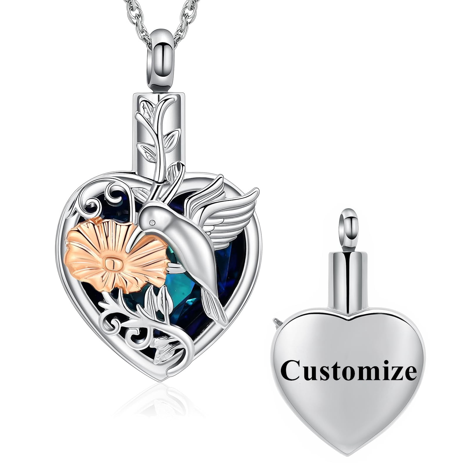 Crystal Heart with Hummingbird and Sunflower Memorial Cremation Jewelry ...