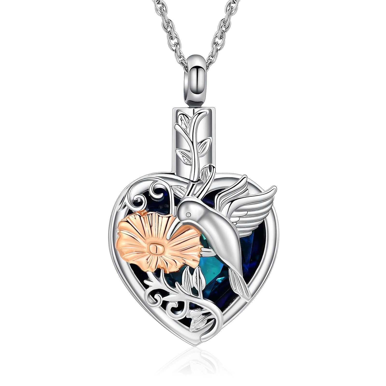 Crystal Heart with Hummingbird and Sunflower Memorial Cremation Jewelry ...