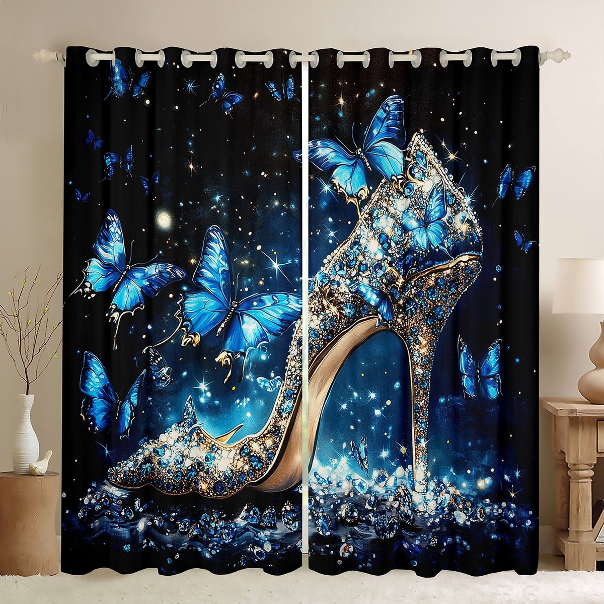 Crystal High-Heeled Shoes 30%-50% Blackout Curtains Blue Butterfly ...