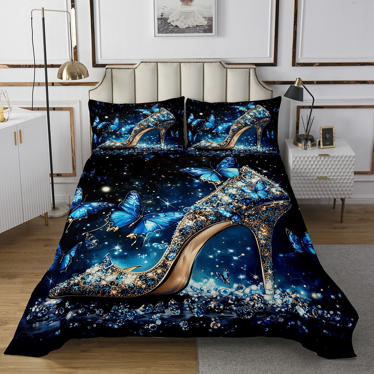Crystal High-Heeled Shoes Bedspread Set Blue Butterfly Coverlet Set ...