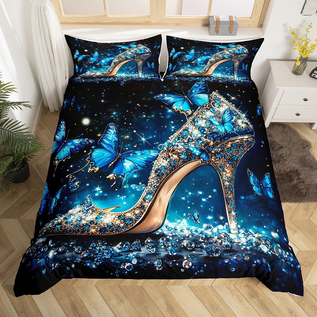 Crystal High-Heeled Shoes Duvet Cover Set Blue Butterfly Comforter ...