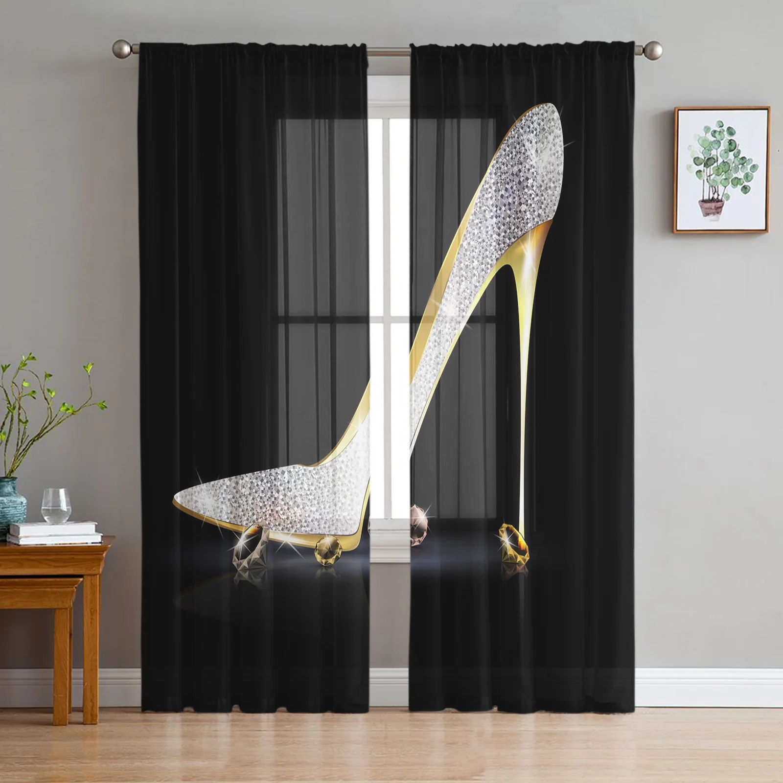 Crystal High Heels Black Chiffon Sheer Curtains for Living Room Bedroom ...