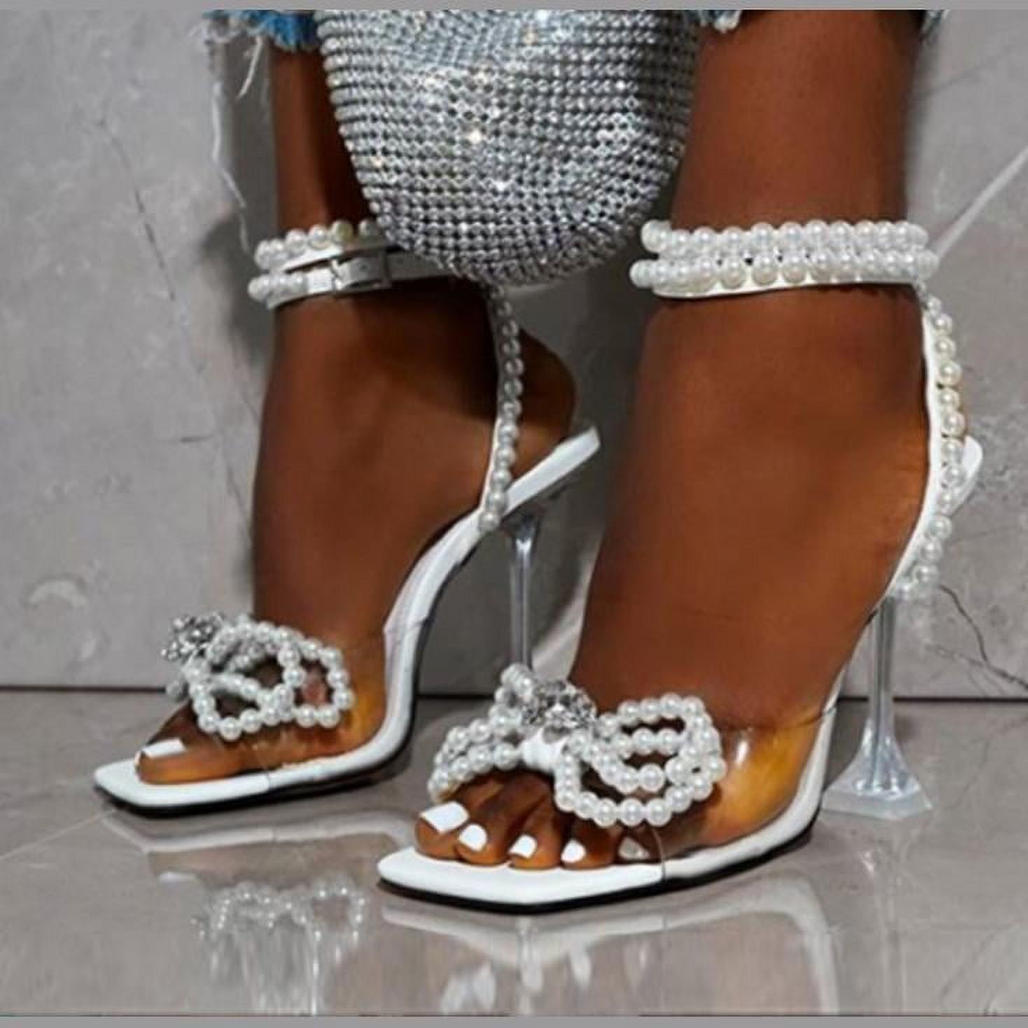 Crystal High Heels Sandals Women Square Toe Pearls Strappy Bowknot Sexy ...